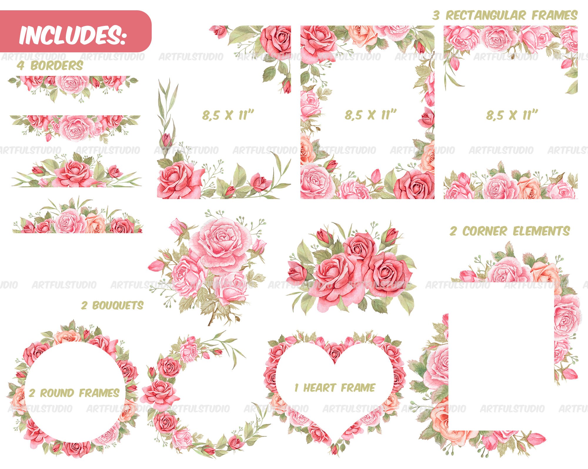 Watercolor Vintage Roses Frames Clipart Flower Arrangement Pink Floral ...
