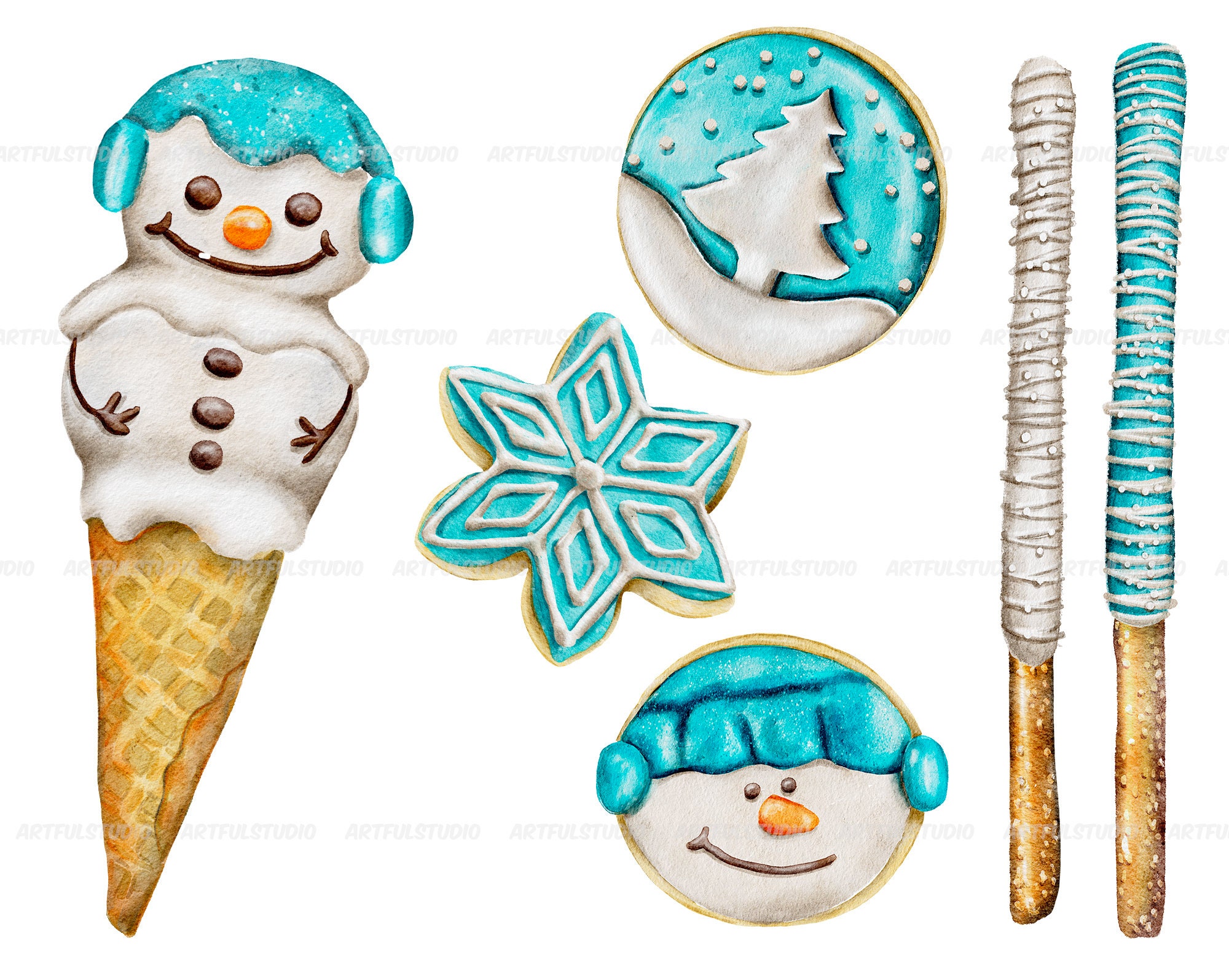 Watercolor Turquoise Christmas Sweets Clipart Snowman Holiday Food ...