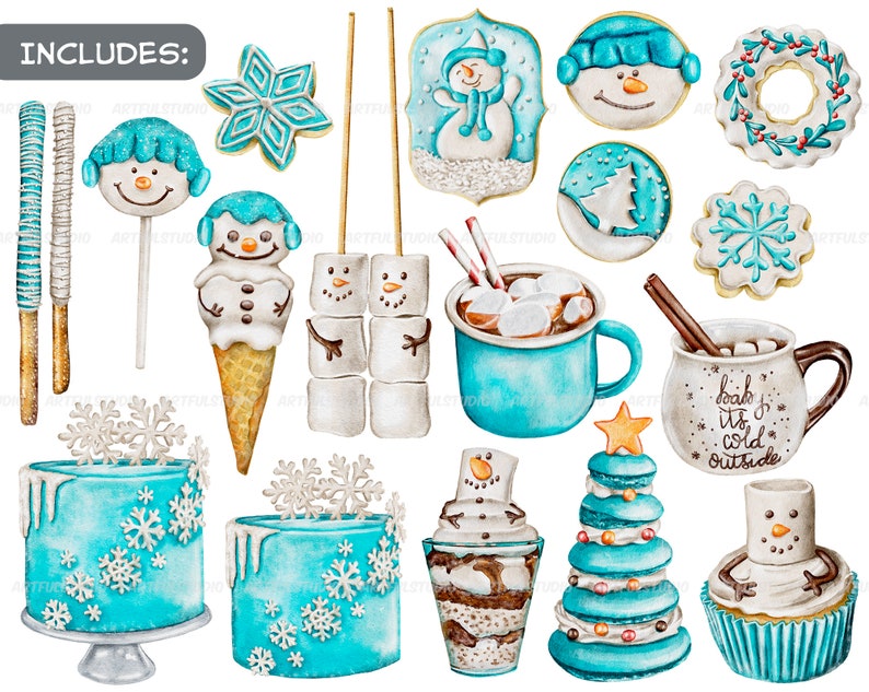 Watercolor Turquoise Christmas Sweets Clipart Snowman Holiday Food ...