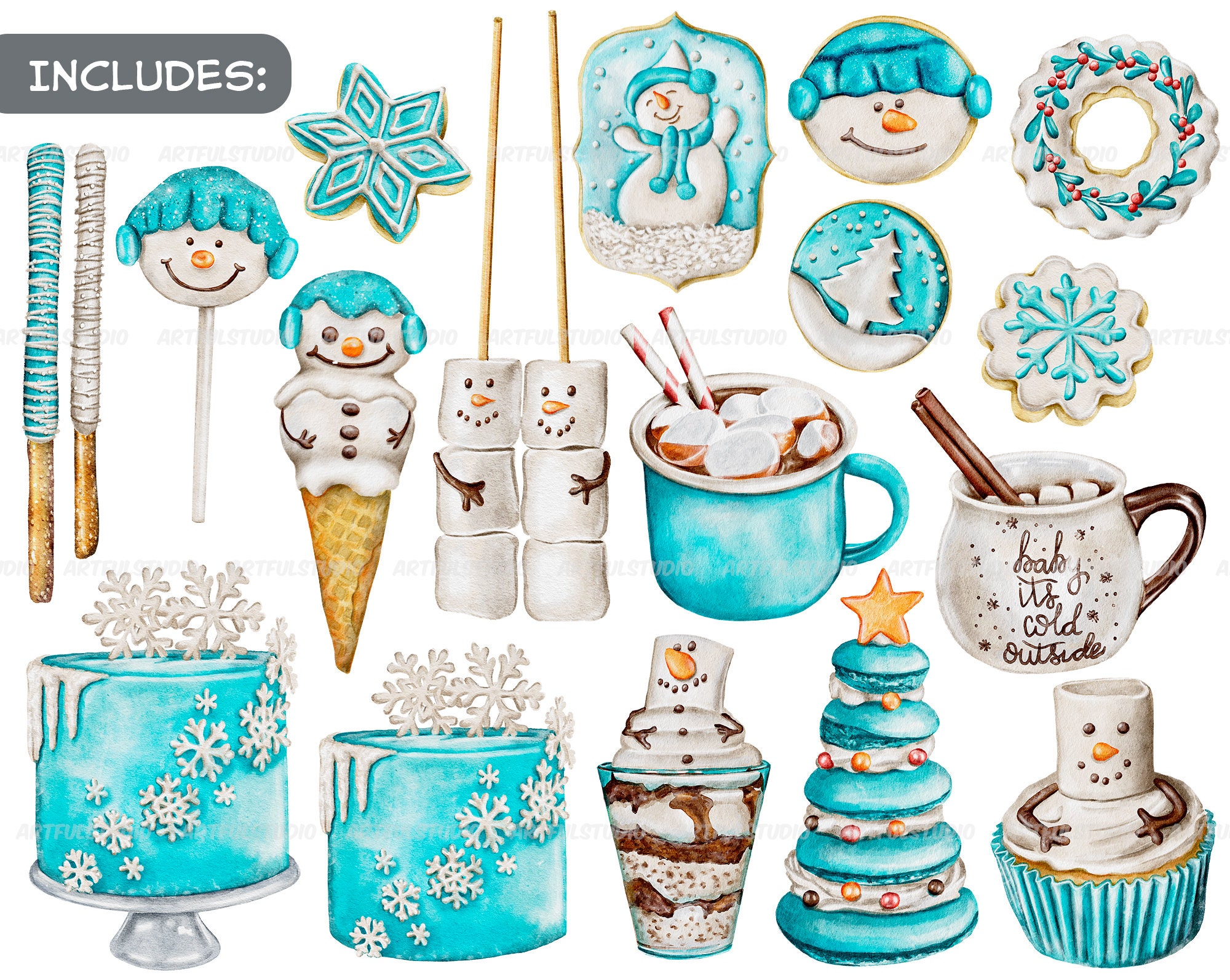 Watercolor Turquoise Christmas Sweets Clipart Snowman Holiday Food ...