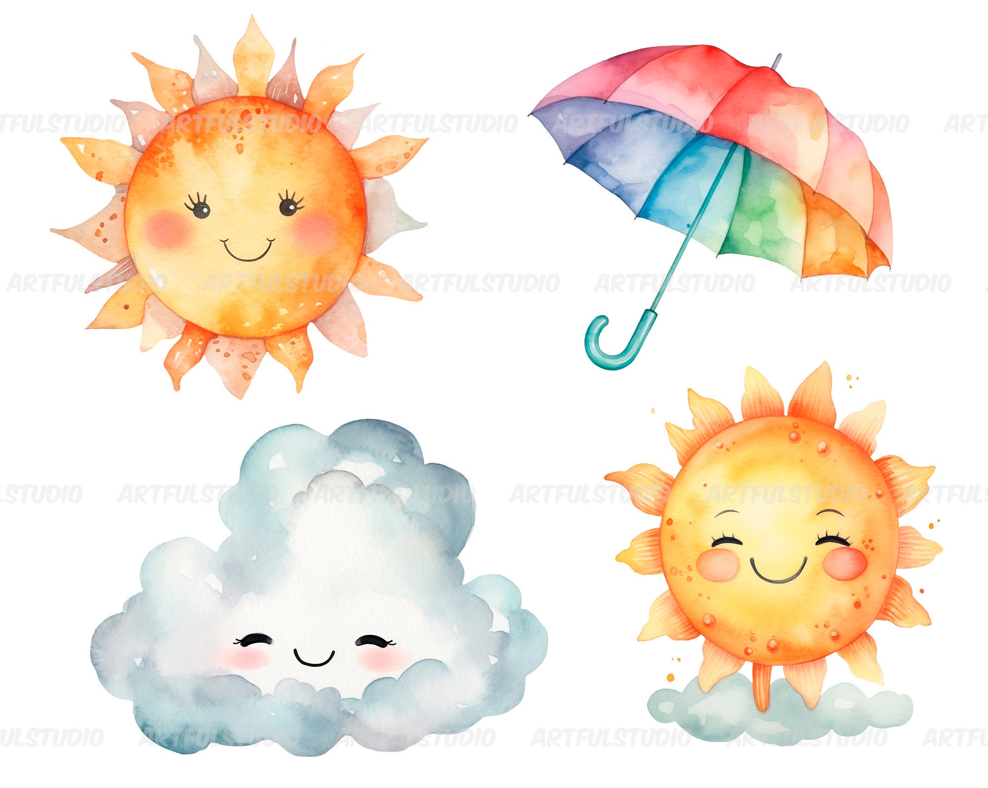 Watercolor Cute Weather Clipart Happy Rainbow Baby Shower baby Birthday ...