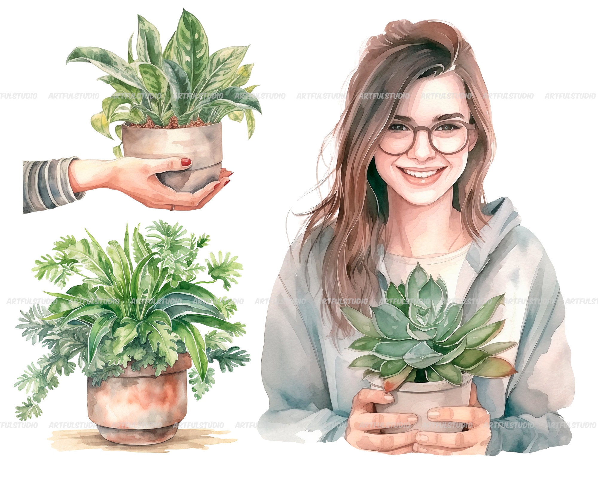 Watercolor Plant Lover Clipart Cute Succulents & Home Plants Png-potted ...