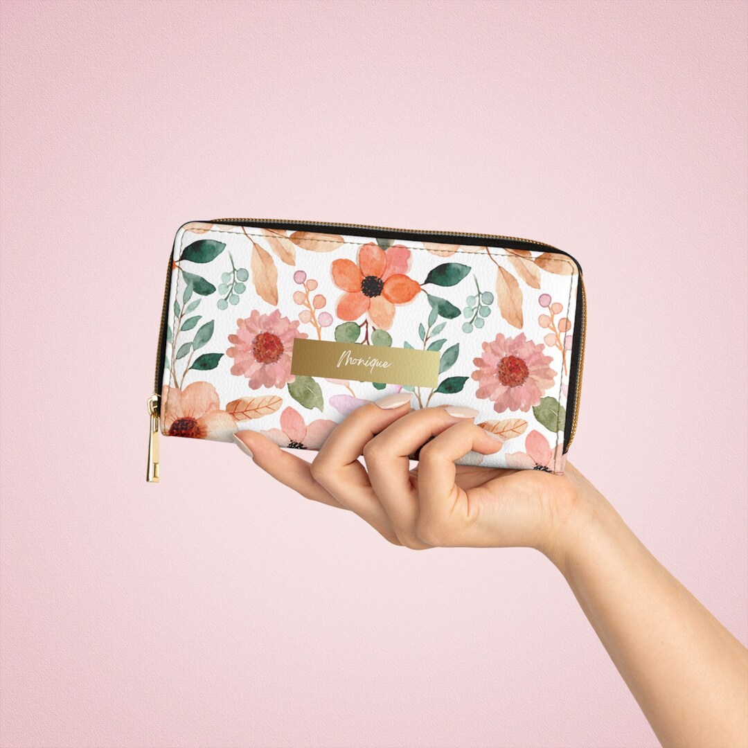 Personalized Name in Floral Pattern Zipper Wallet, Personalized Ladies ...