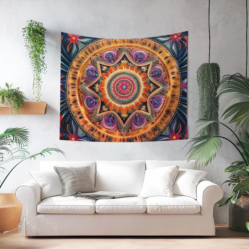 Orange and Blue Mandala Tapestry, Psychedelic Boho Decor, Bohemian ...