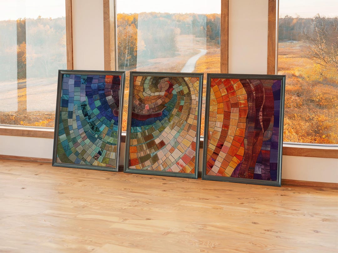 Set of 3 Geometric Tile Wall Art, Segmented Tree Ring Triptych ...
