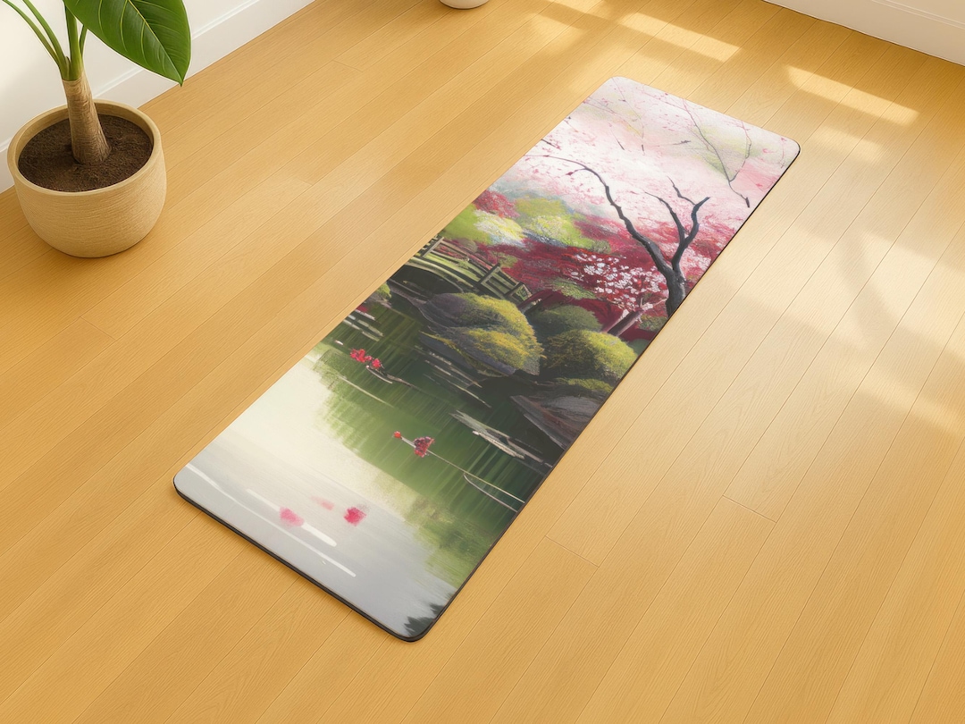 Zen Japanese Garden Yoga Mat, Cherry Blossom Fitness Mat, Tranquil Pond ...