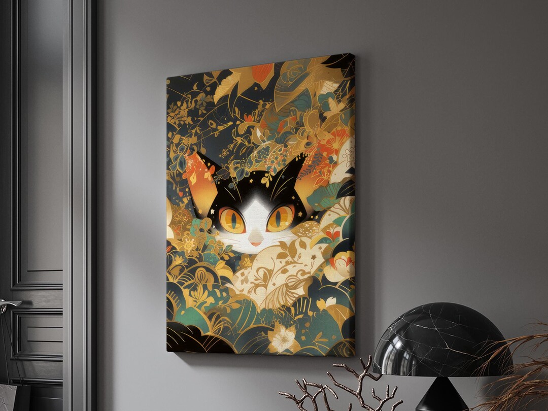 Japanese Canvas Painting, Original Art on Canvas, Neko Wall Art ...