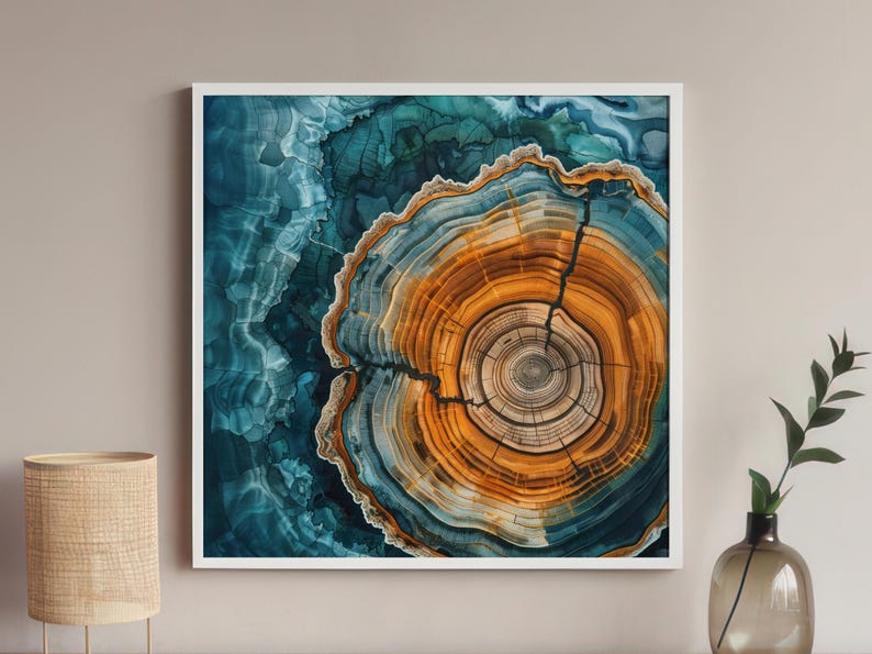 Abstract Tree Ring Art, Fluid Wood Painting With Teal and Orange ...