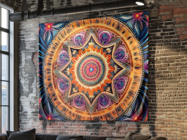 Orange and Blue Mandala Tapestry, Psychedelic Boho Decor, Bohemian ...