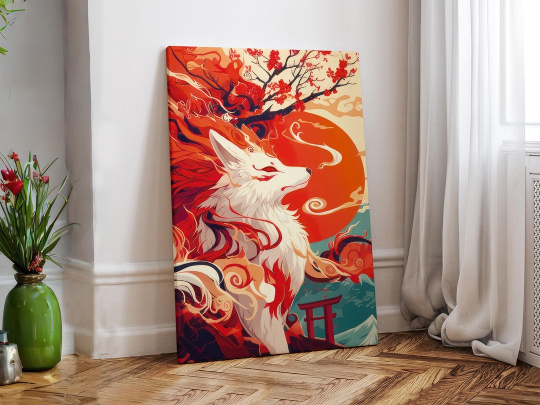 Japanese Canvas Painting, Original Art on Canvas, Kitsune Wall Art ...