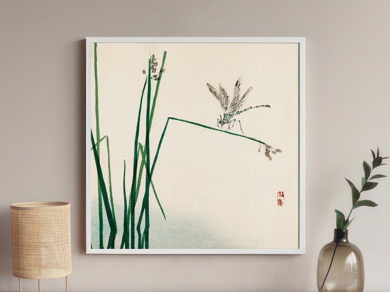 Delicate Japanese Dragonfly Art Print, Minimalistic Green Reed Square ...