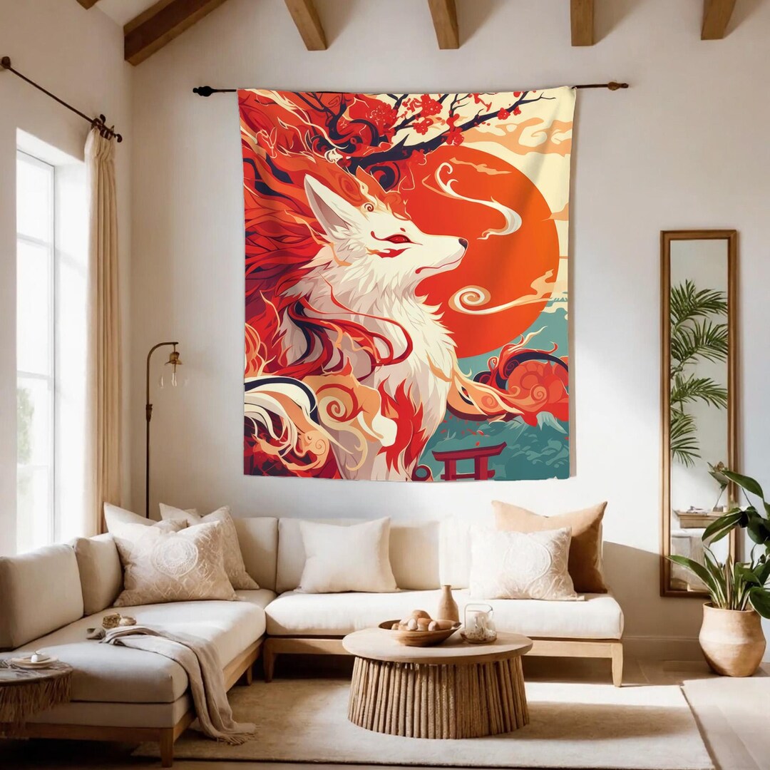 Japanese Tapestry, Original Art on Tapestry, Kitsune Wall Hanging, Fox ...