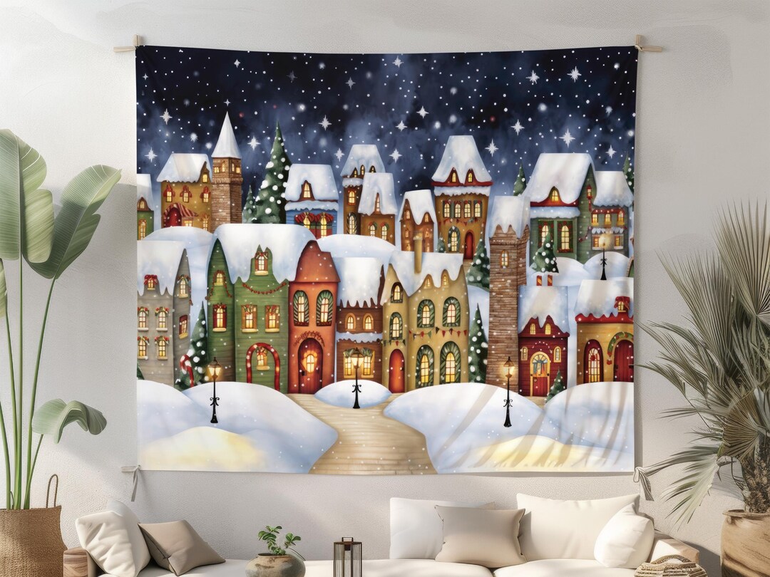 Quaint Christmas Village Tapestry, Holiday Wall Art, Festive Home Decor ...