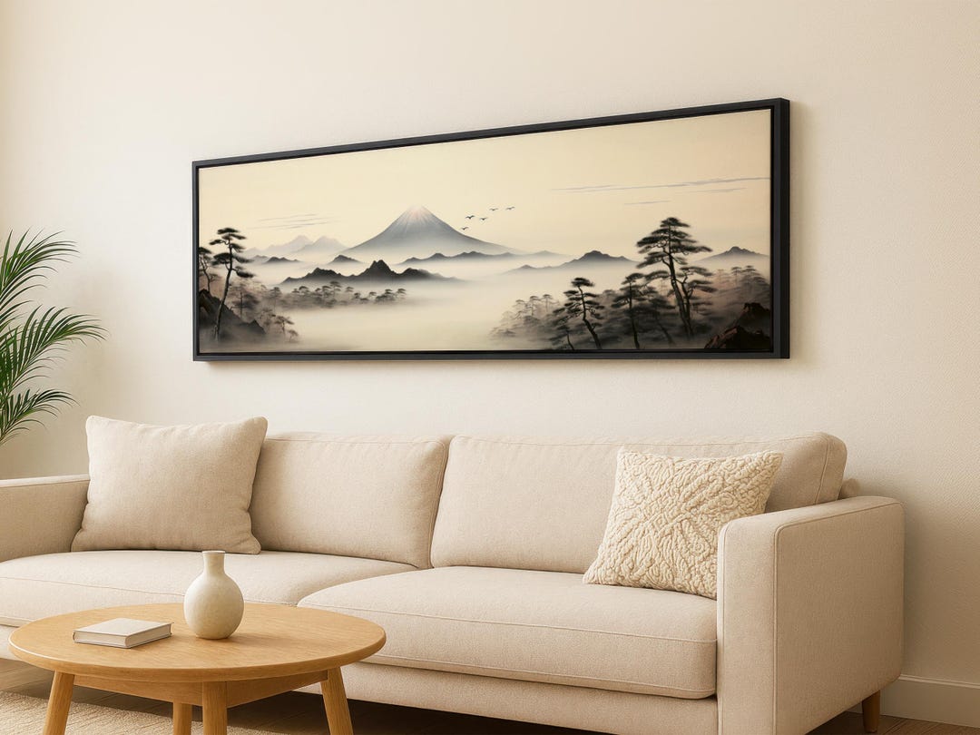 Large Horizontal Wall Art, Huge Japandi Mountain Painting, Panoramic ...