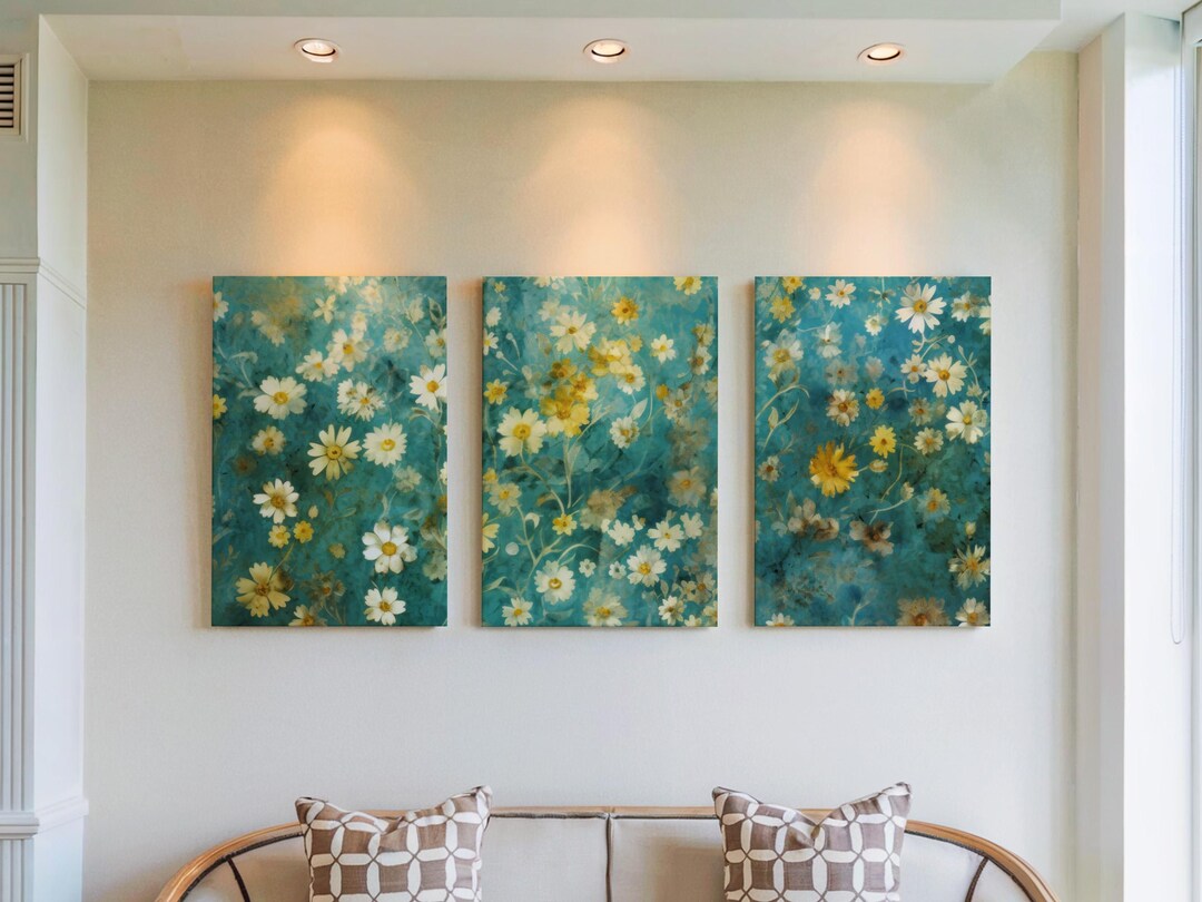 Set of 3 High Contrast Wall Art, Teal & White Floral Triptych, Bold ...