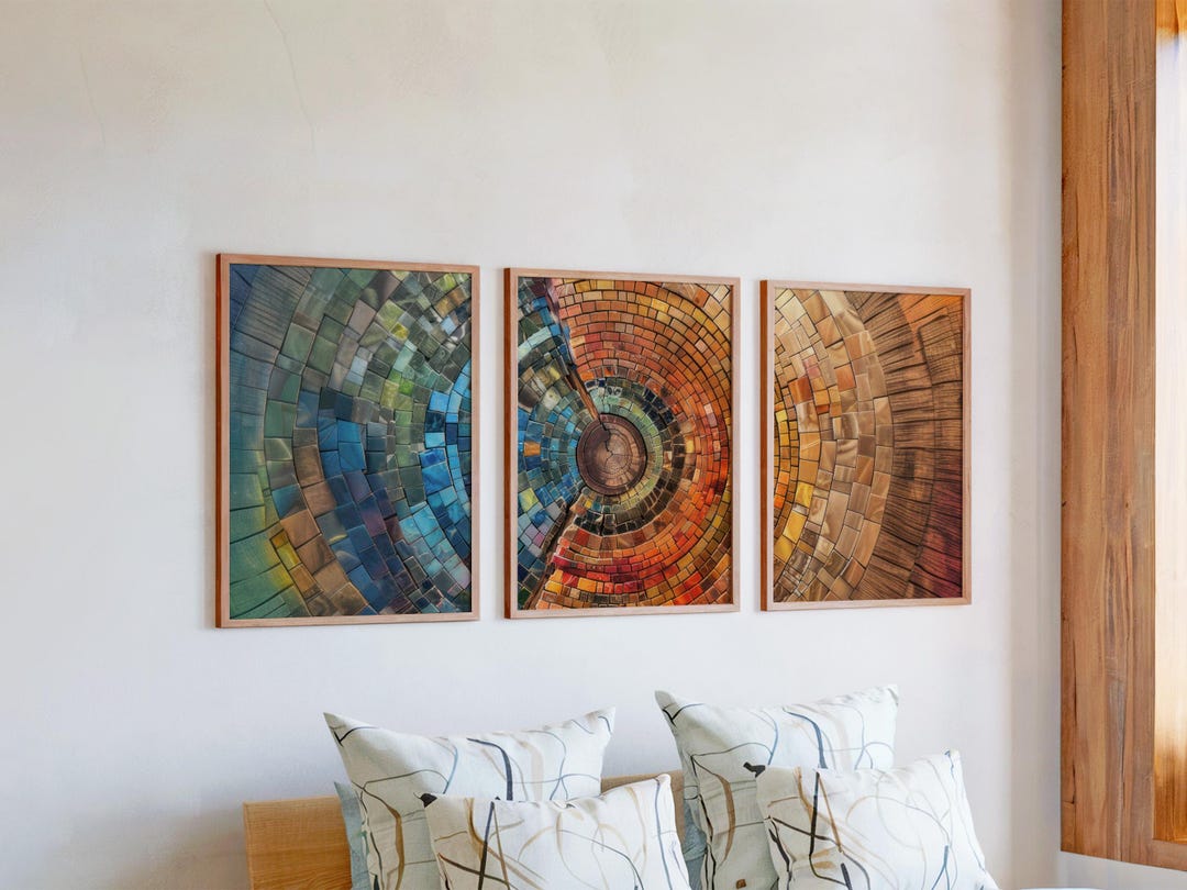 Triptych Mosaic Wood Art Wall Decor Set of 3, Textured Tree Ring Prints ...