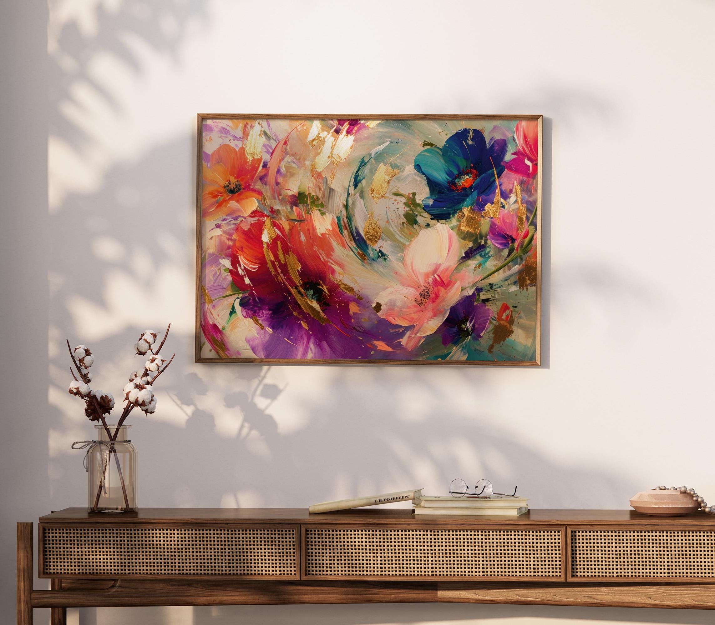 Joyful Wall Art, Vibrant Abstract Floral Painting, Happy Colorful Print ...