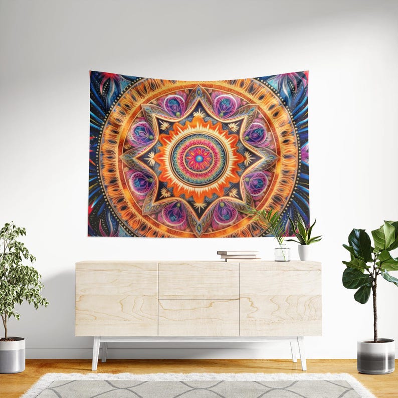 Orange and Blue Mandala Tapestry, Psychedelic Boho Decor, Bohemian ...