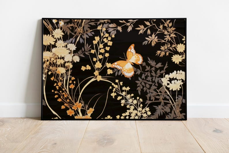 Vintage Japanese Butterfly Textile Pattern Art, Intricate Botanical ...