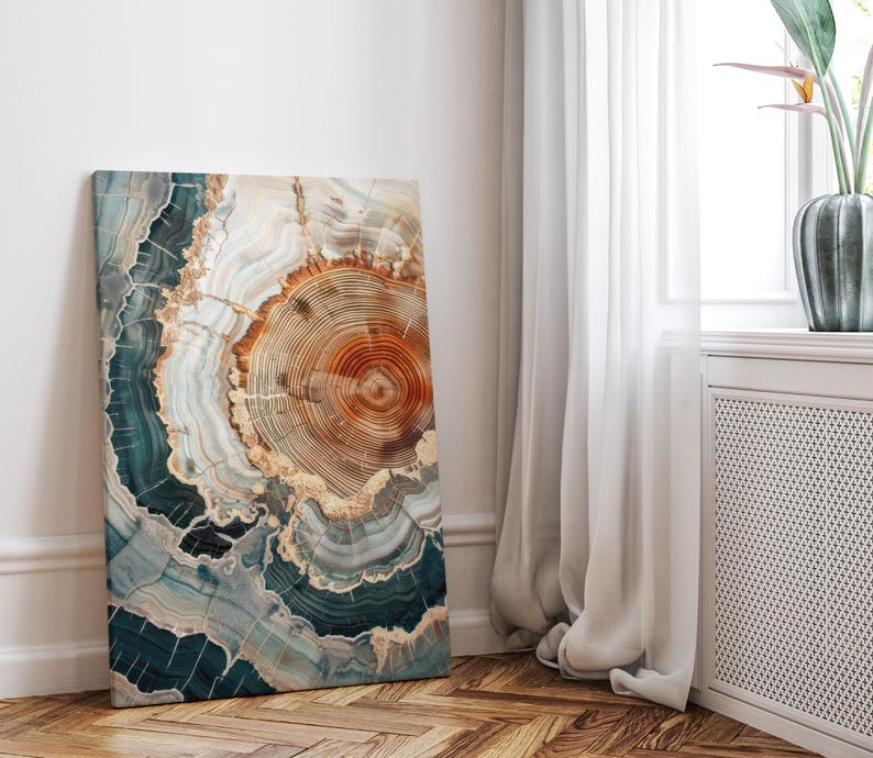 Large Geode Rolled Canvas Art, Portrait Nordic Tree Ring Print With ...