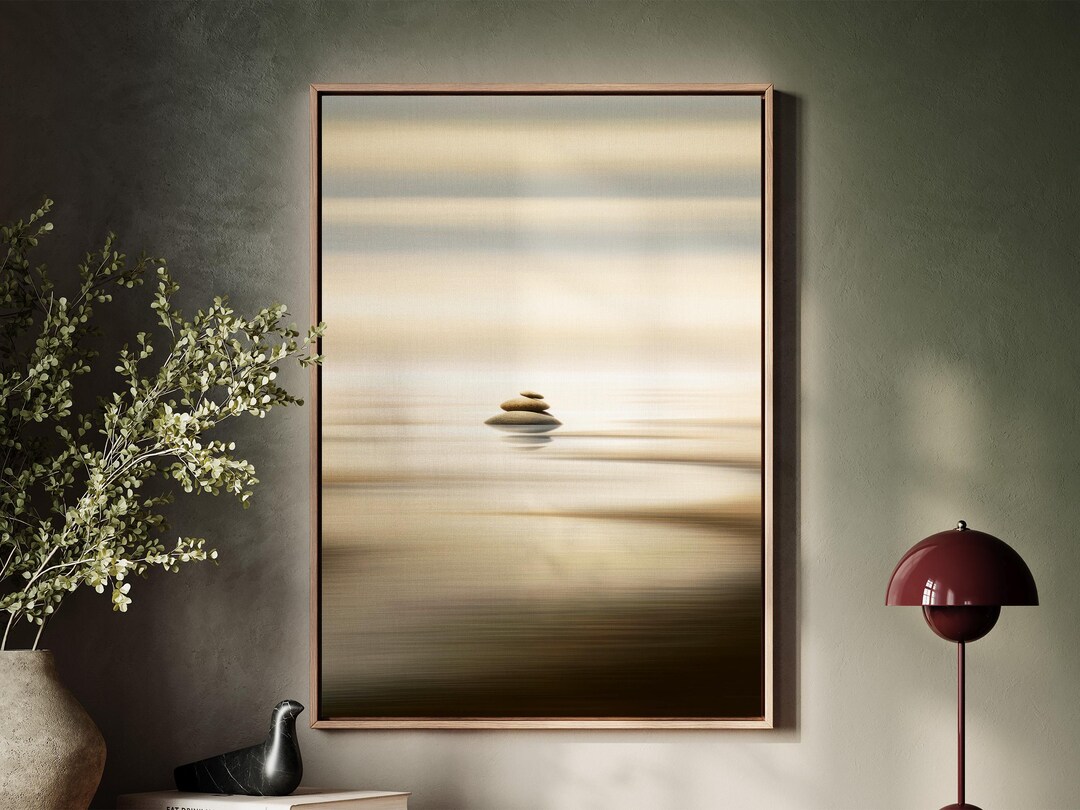 Zen Stone Minimalist Portrait Framed Canvas, Tranquil Golden Hues Wall ...