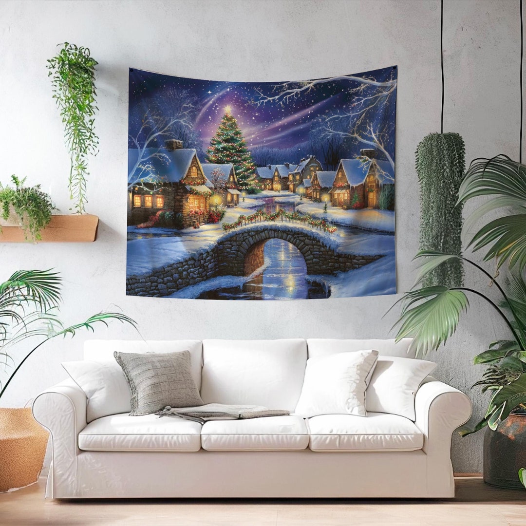 Christmas Village Tapestry, Fabric, Festive Wall Hanging, Nostalgic ...