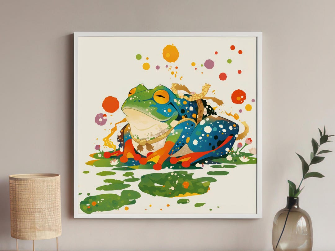 Japanese Folklore Frog Art, Playful Abstract Nature Print, Whimsical ...