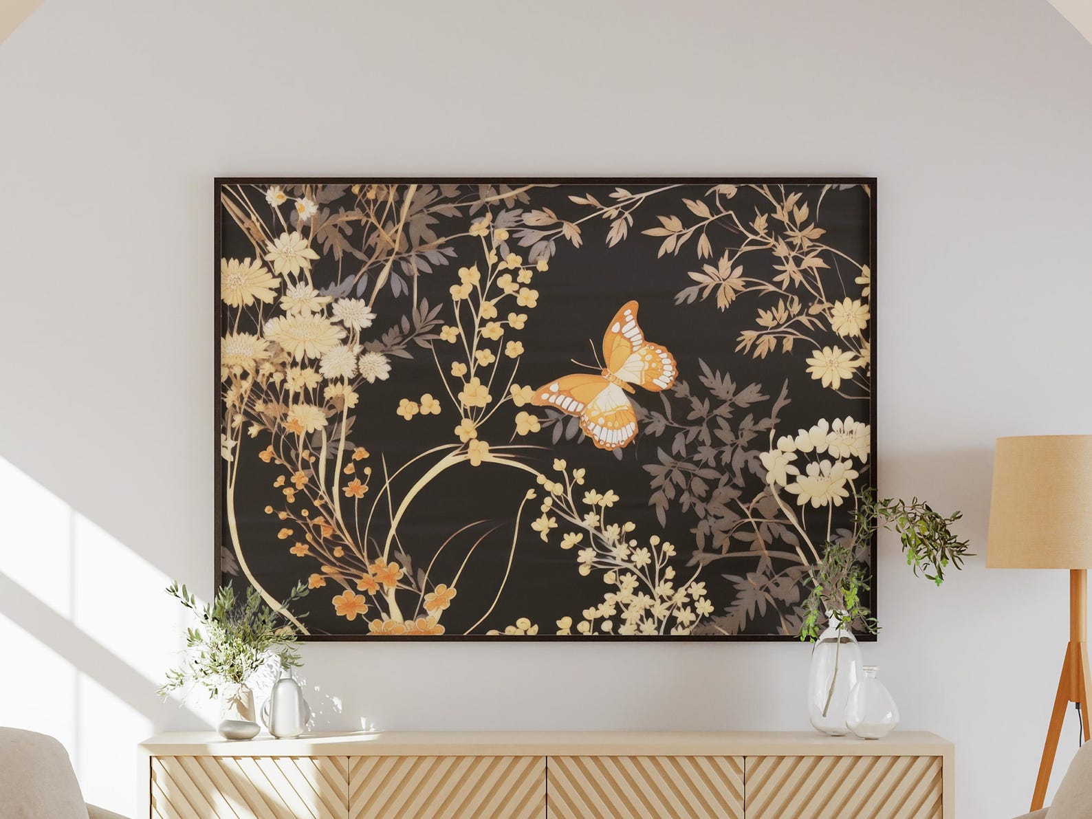 Vintage Japanese Butterfly Textile Pattern Art, Intricate Botanical ...