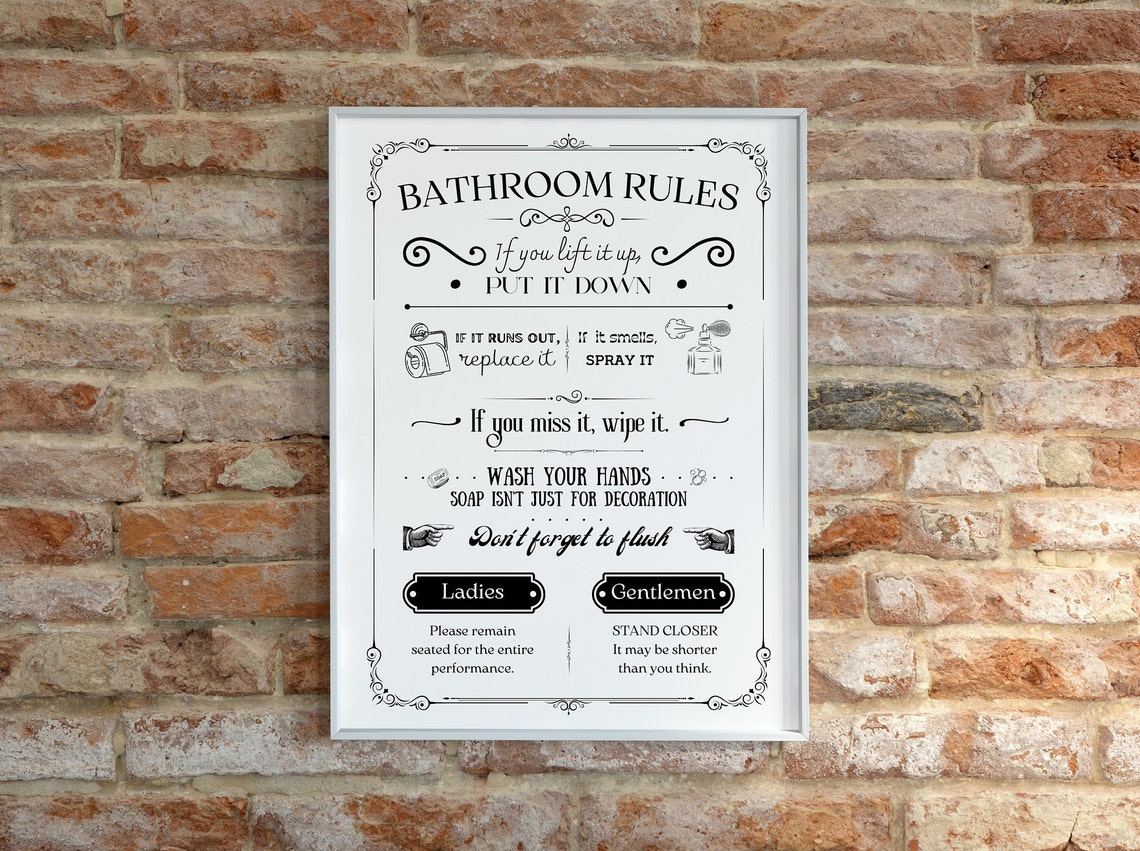 Bathroom Rules, Toilet Rules, Loo Sign, Retro Bathroom Decor, Fun Art ...