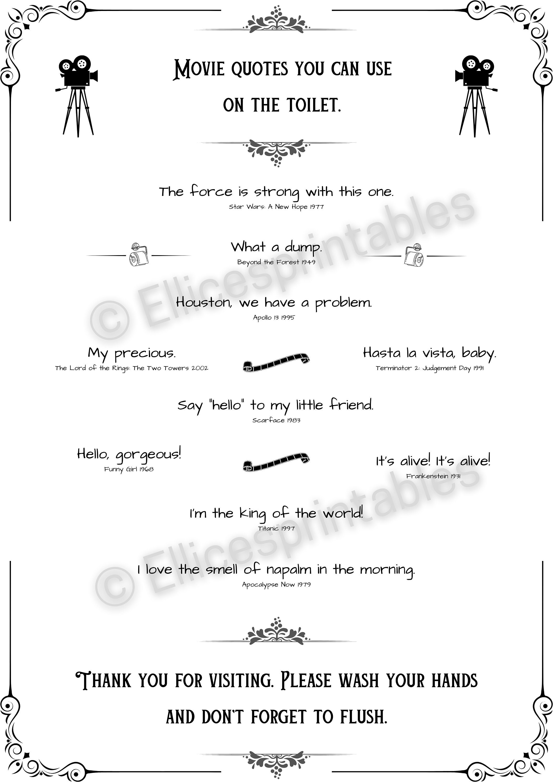 Movie Quotes You Can Use on the Toilet. Printable. Digital File. Wall ...