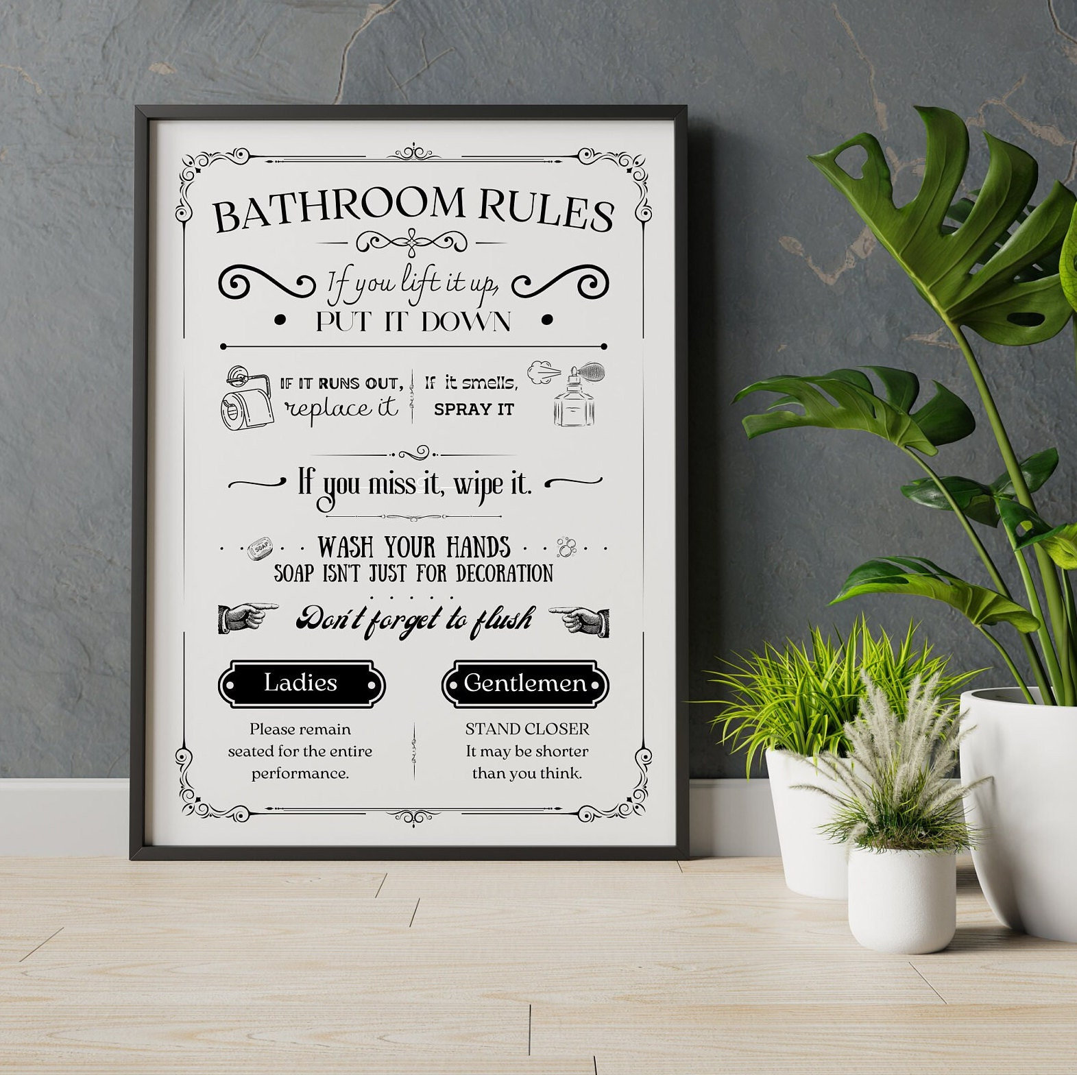 Bathroom Rules, Toilet Rules, Loo Sign, Retro Bathroom Decor, Fun Art ...