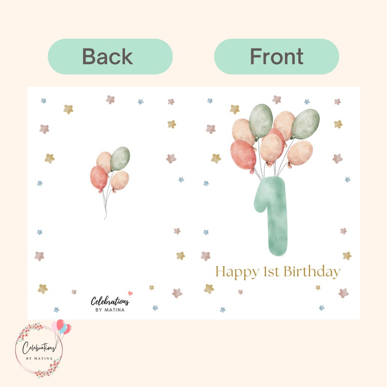 1st Birthday Card Printable, First Birthday Digital Card, for a Baby ...