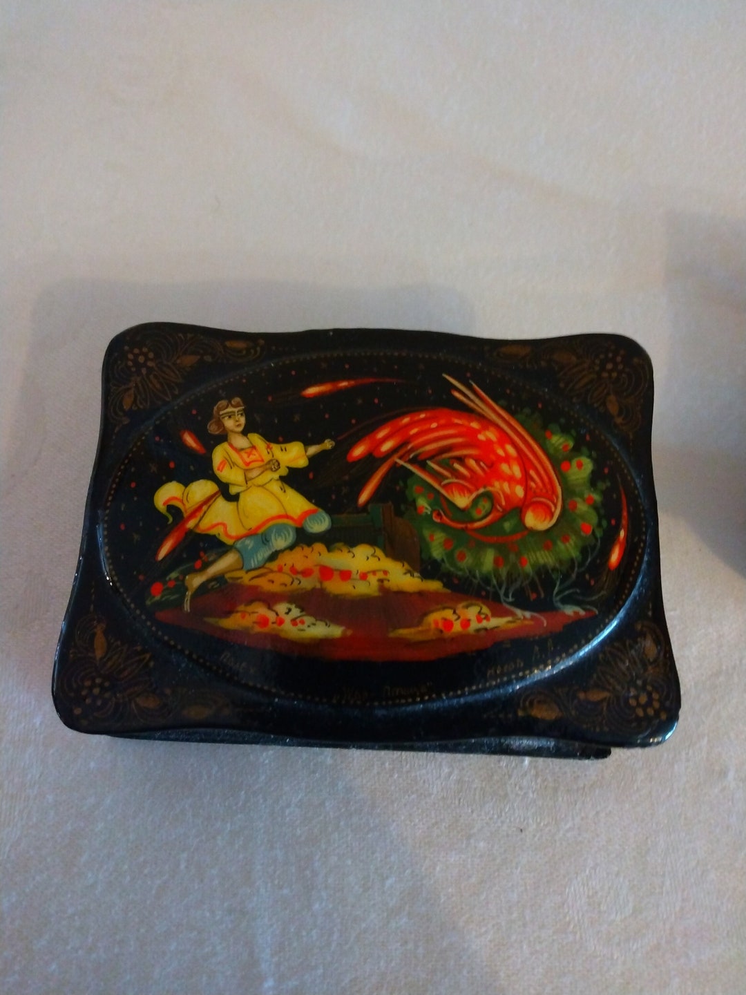 Trinket Box Painted With Gold Borders and Colorful Center Inside is Red ...