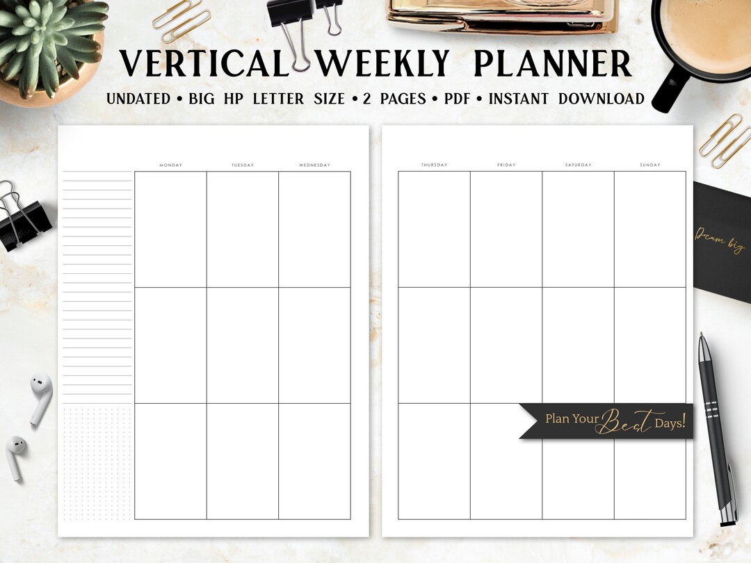 Undated Weekly Planner Printable With Vertical Layout, 8.5x11 Big Hp ...