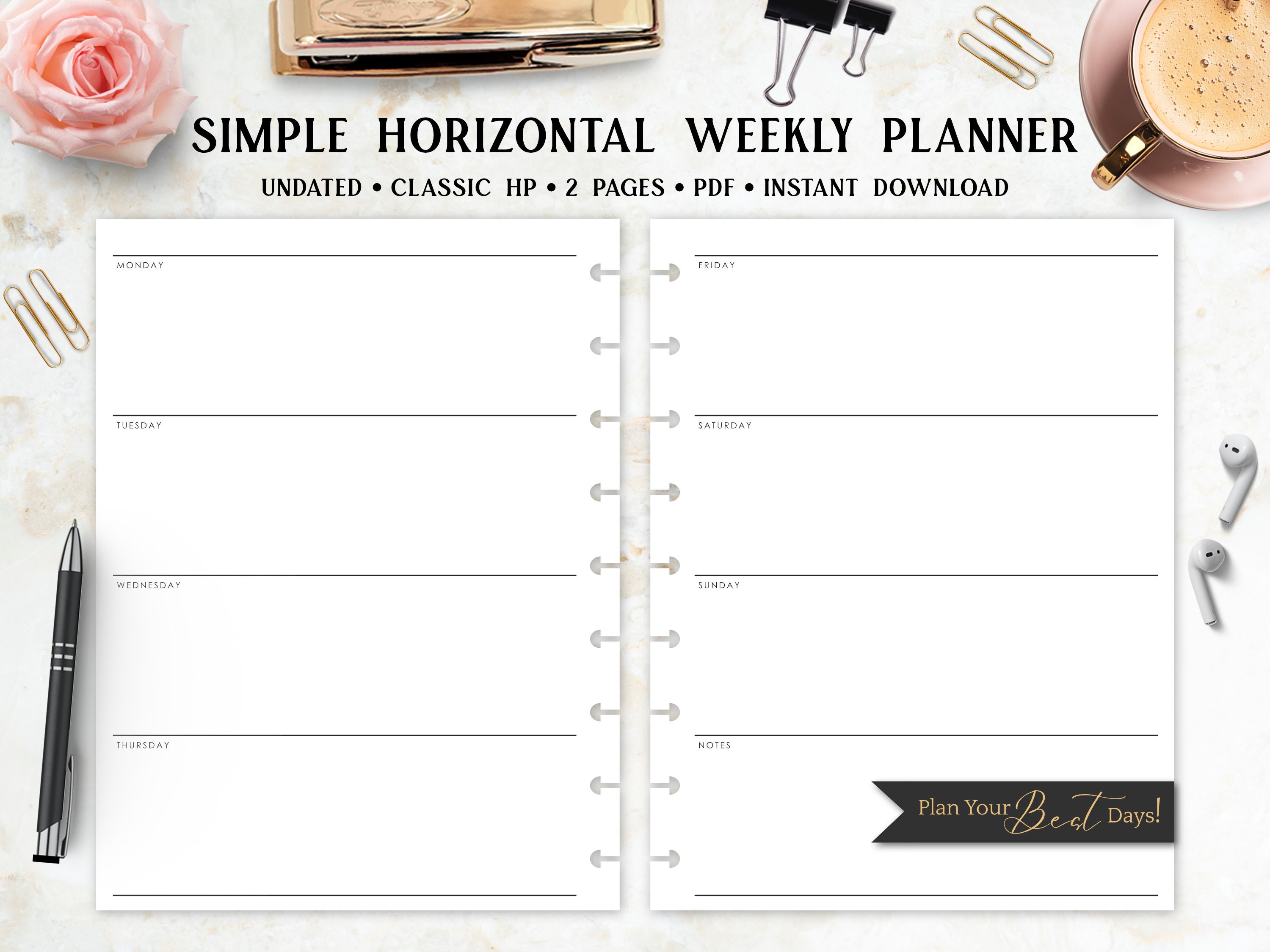Undated Weekly Planner Printable, Simple Horizontal Layout, 7x9.25 ...