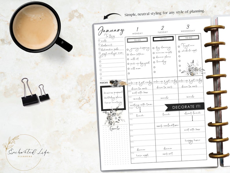 Undated Weekly Planner Printable, Vertical Hourly Top Box Layout, 7 X 9 ...