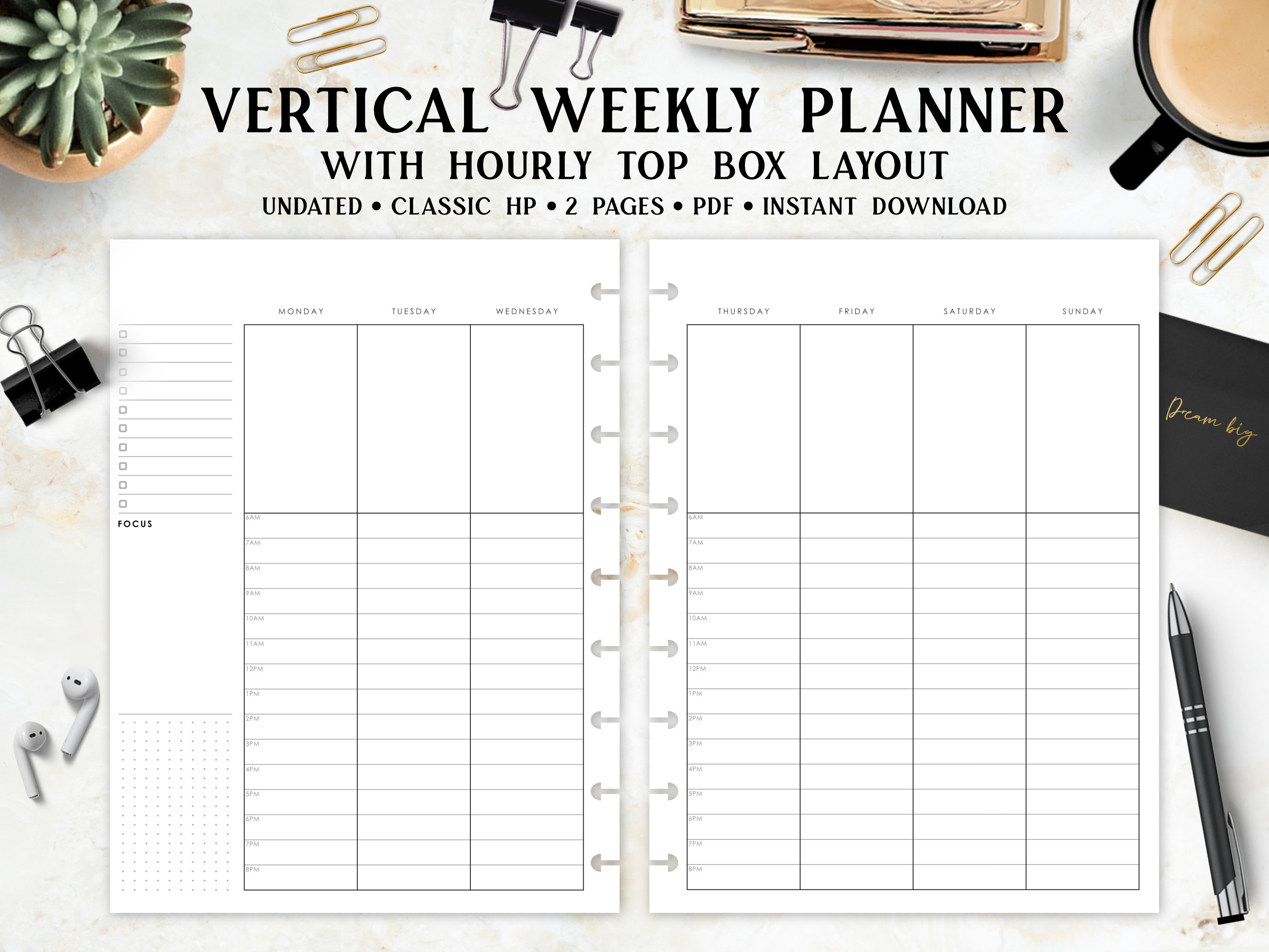 Undated Weekly Planner Printable, Vertical Hourly Top Box Layout, 7 X 9 ...