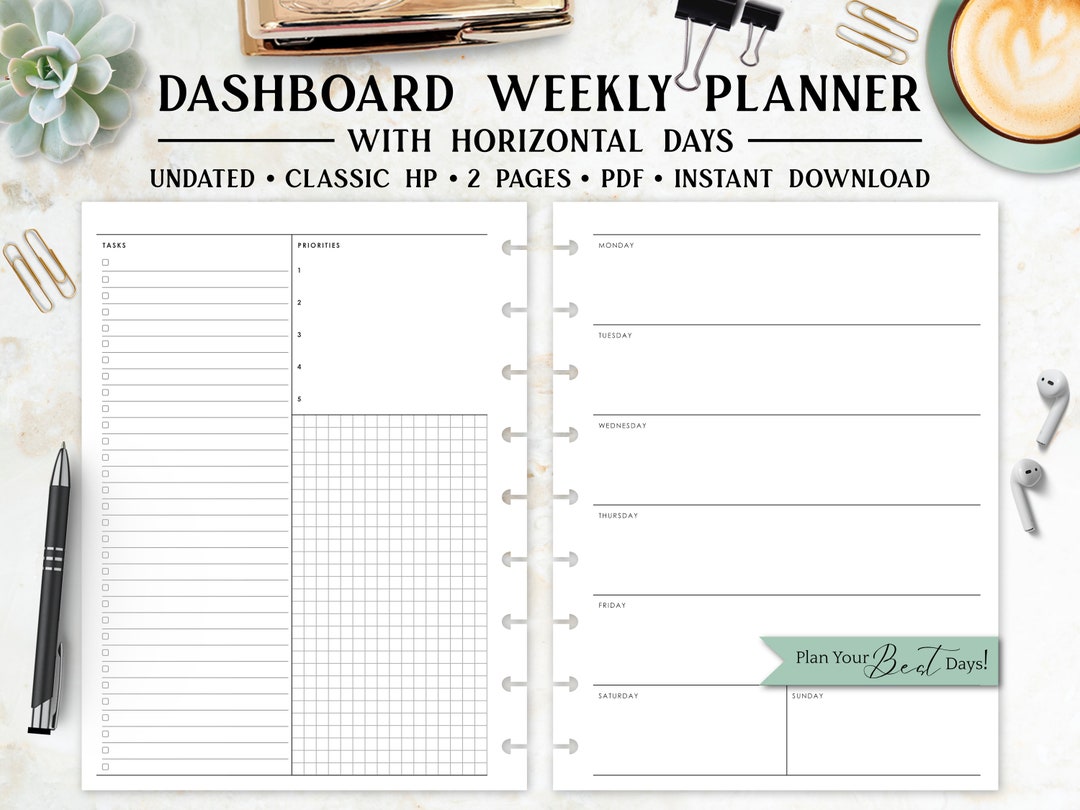 Undated Weekly Planner Printable, Dashboard Layout With Horizontal Days ...