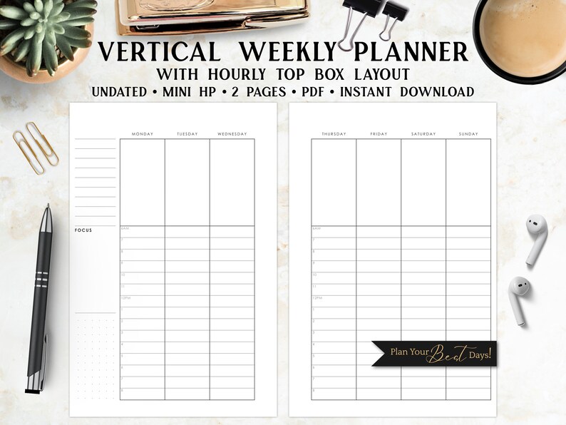 Undated Weekly Planner Printable, Vertical Hourly Top Box Layout, 4 ...
