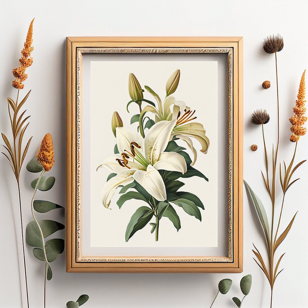 Vintage White Lily Bouquet Print, Botanical Wall Art, Mid Century ...