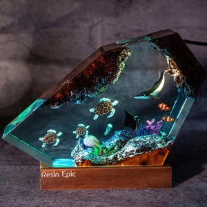 Turtle Family and Coral Reef Epoxy Resin Night Light - Handmade Ocean ...