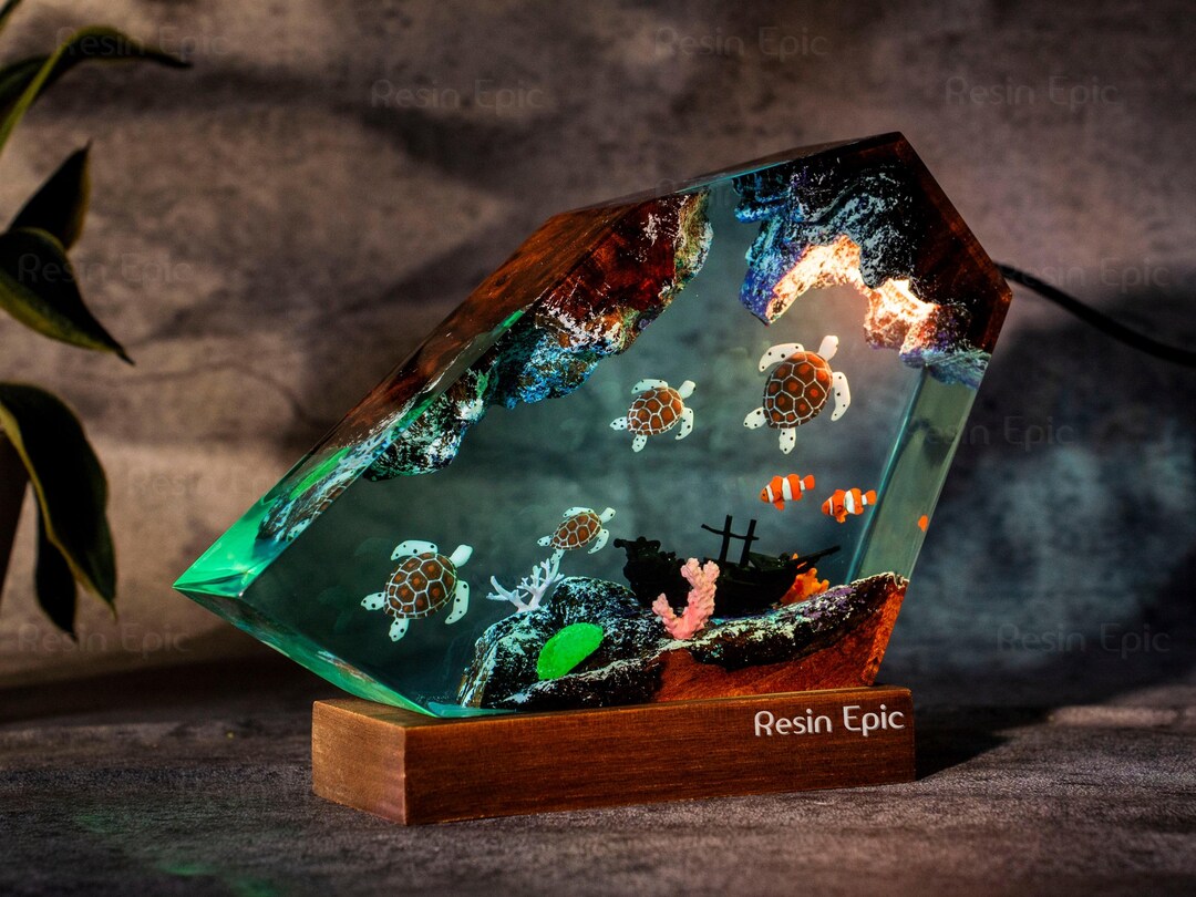 Turtle Family and Coral Reef Epoxy Resin Night Light - Handmade Ocean ...