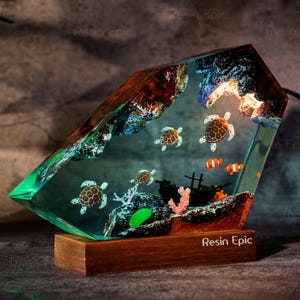 Turtle Family and Coral Reef Epoxy Resin Night Light - Handmade Ocean ...