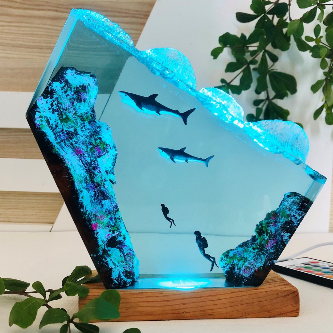 Mother and Baby Sharks, Epoxy and Wooden Night Lights, Lighting Home ...