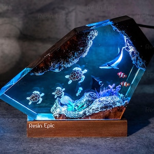 Turtle Family and Coral Reef Epoxy Resin Night Light - Handmade Ocean ...
