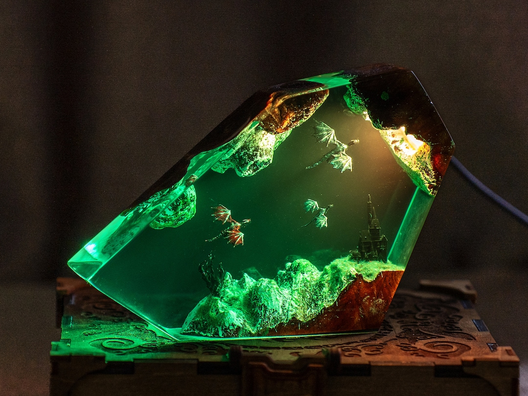 Dragons Resin Lamp – Handmade Night Light With Glowing Duo, 3D Dragon ...