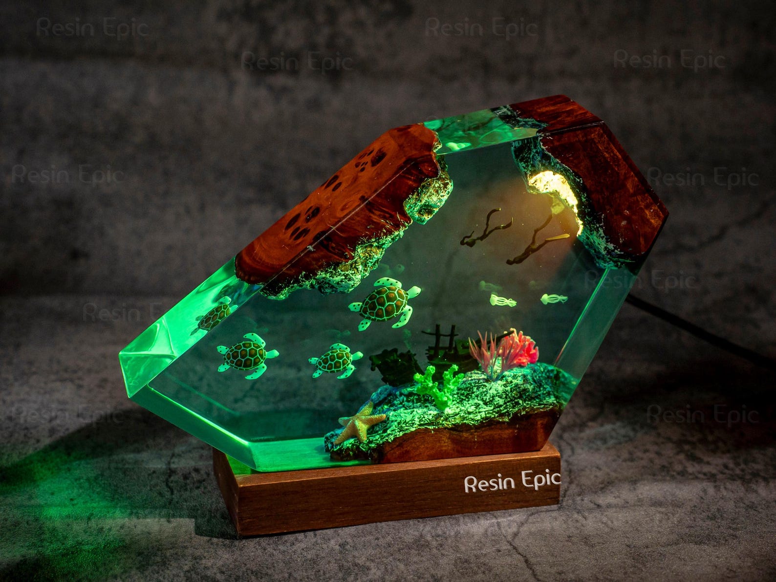Turtle Family and Coral Reef Epoxy Resin Night Light - Handmade Ocean ...