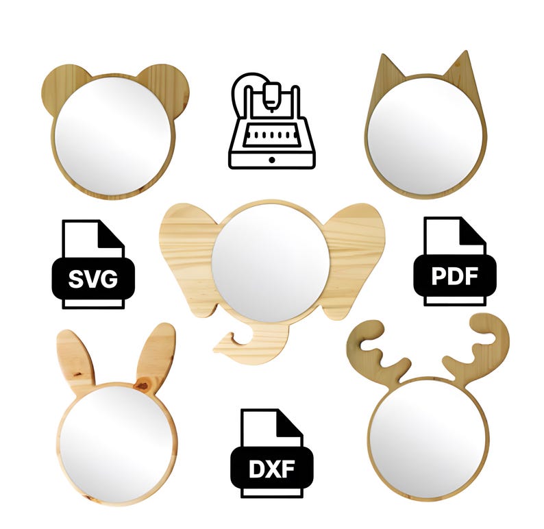 CNC Dxf-svg-pdf Files – Animal Mirror Set (cat, Rabbit, Deer, Elephant ...