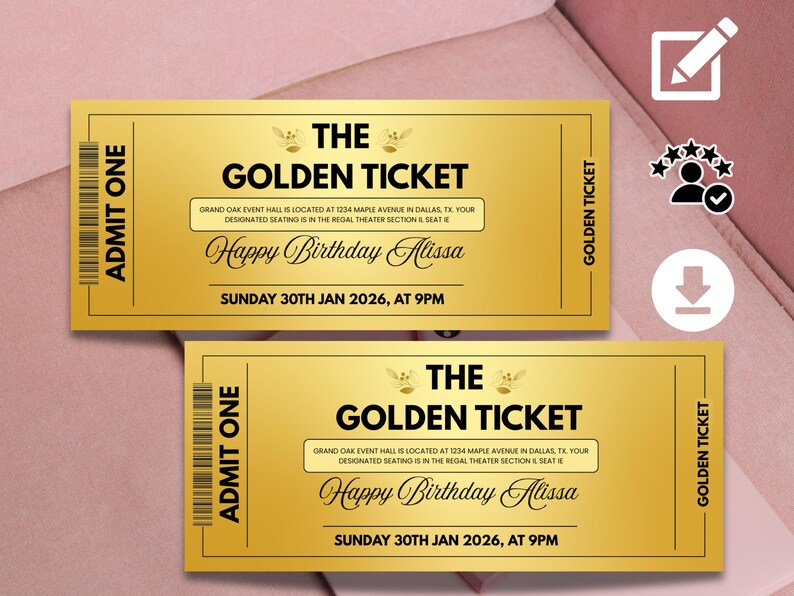 Editable Golden Ticket Template, Birthday Gift Coupon, Surprise ...