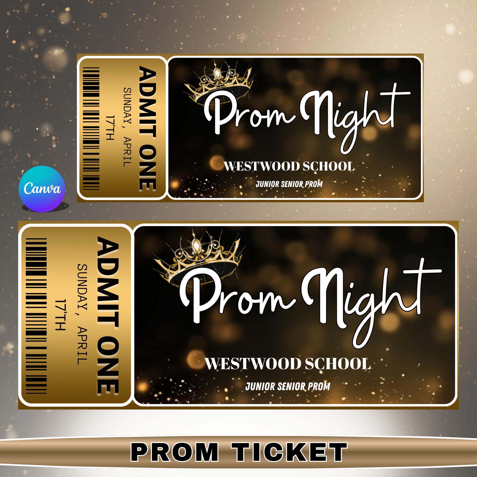 Elegant Black & Gold Prom Ticket Template, Editable Canva Prom Night ...